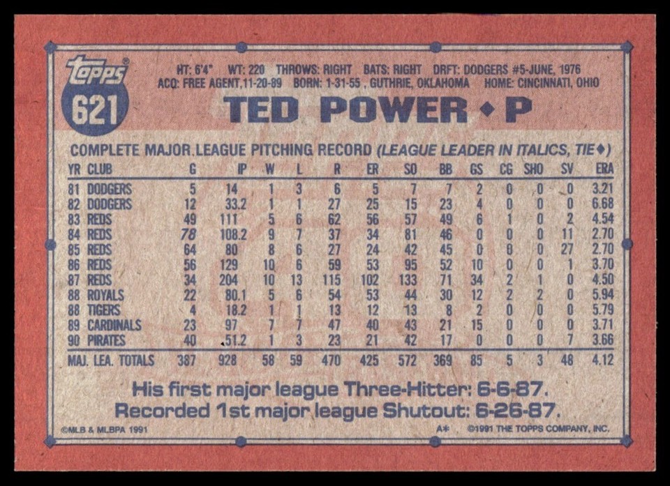 1991 Topps #621 Ted Power Pittsburgh Pirates | eBay