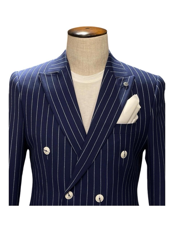 Designer Two Rows Of Buttons Pinstripe Double Row Jacket Blue Fitted ...