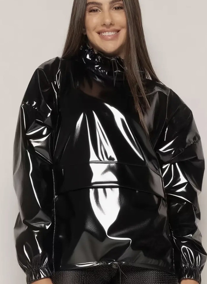 Women Black PVC Jacket Vinyl Hoodie Sweat top waterproof Jacket Coat ...