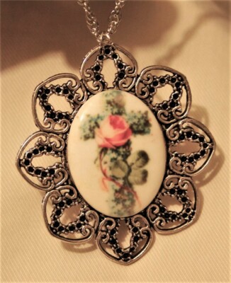 Lovely Petal Rims Blue Pink Rose Cross Porcelain Cameo Silvertn Pendant ...