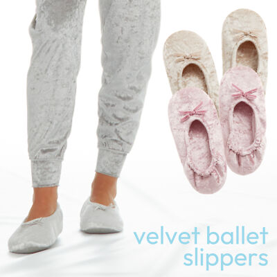 Ladies Ballerina Slip On Ballet Slippers Crushed Velvet Velour Indoor ...