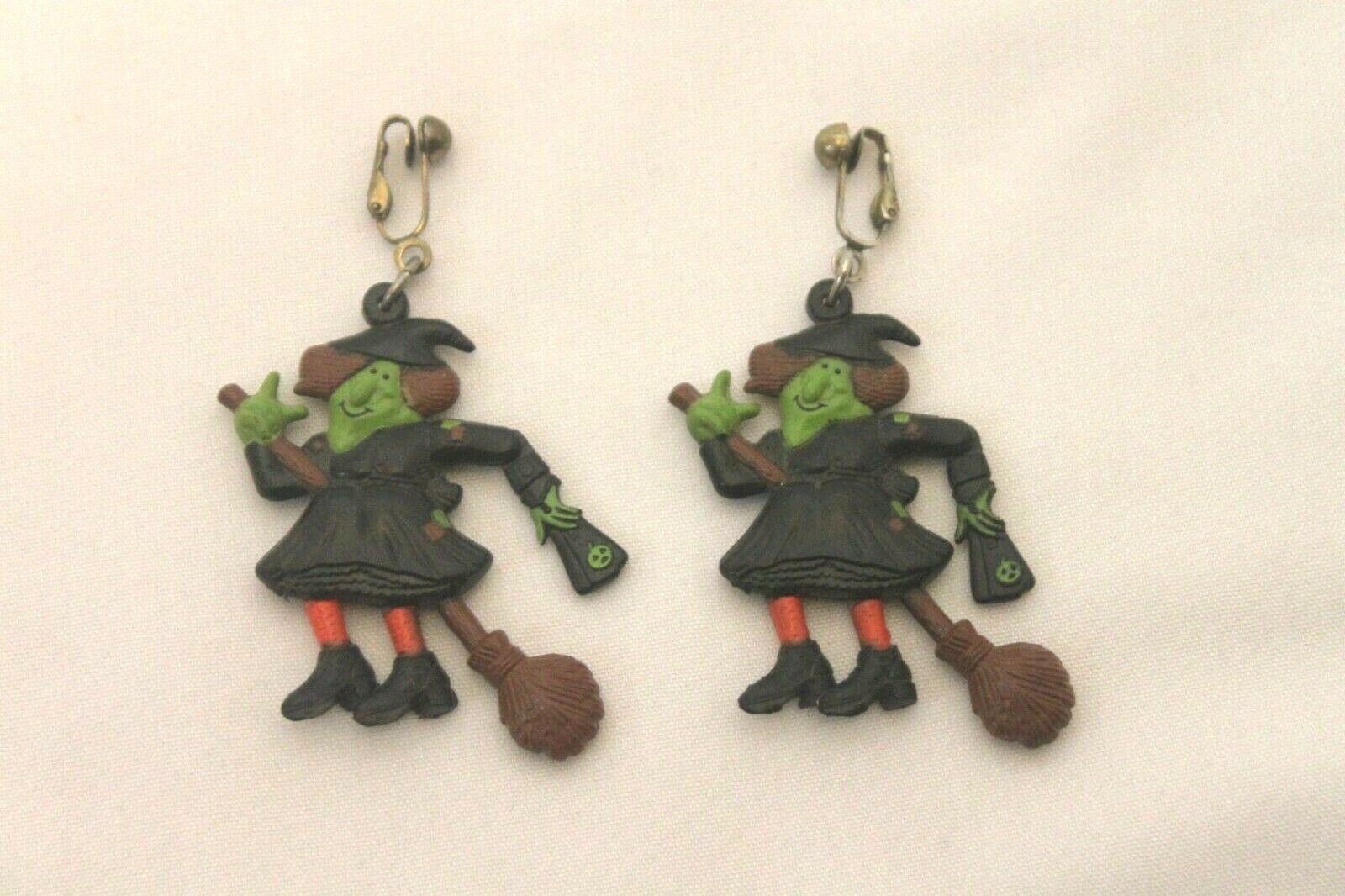 Vintage Halloween WITCH Green Face Black Hat Holiday Dangle Moveable ...