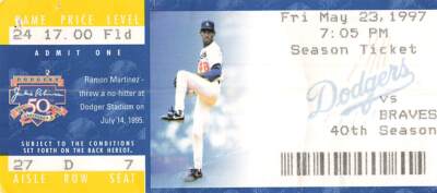 Los Angeles Dodgers Vs Atlanta Braves Ticket Stub May 23, 1997 Row D ...