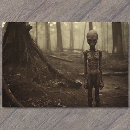 POSTCARD Weird Creepy Alien Alone Encounter Unusual Woods Strange Being ...
