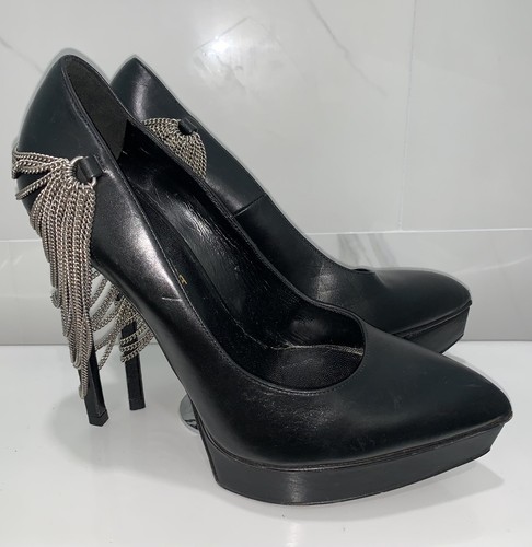 YSL Yves Saint Laurent Janis Chains Black Leather Heels Platform Pump ...