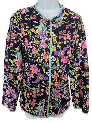 Vintage Women's M Quilted Cottage Core Boho Reversible Navy/Floral ...