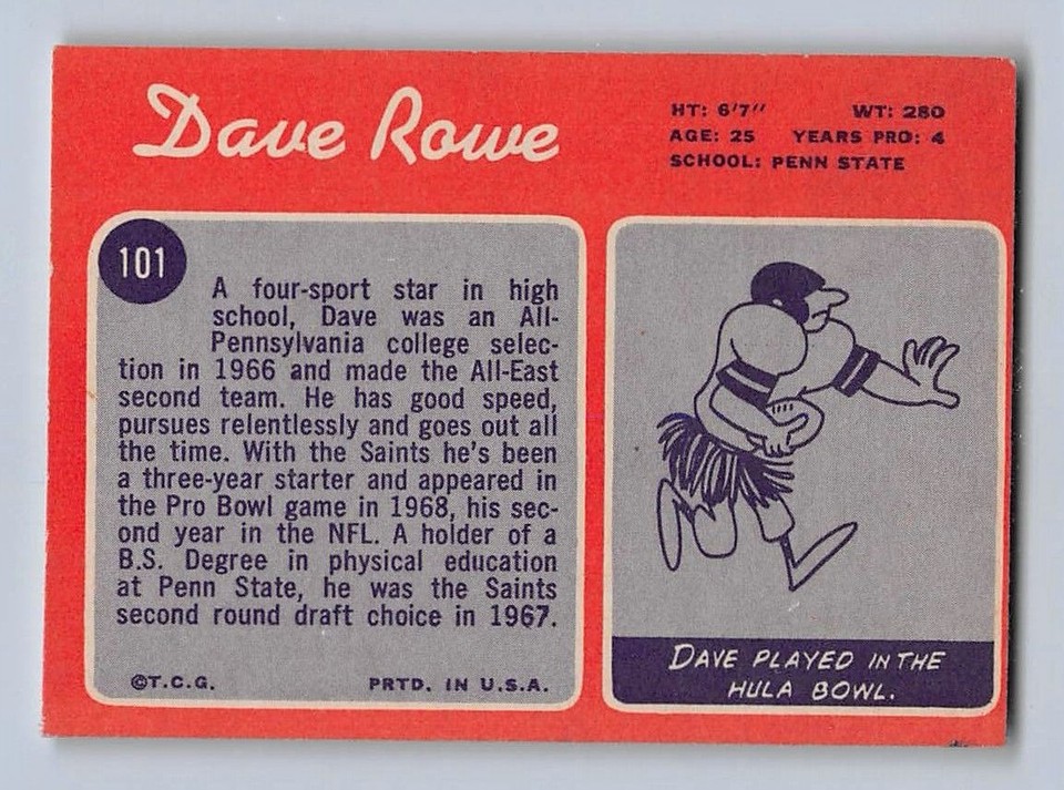 1970 DAVE ROWE - Topps Football Card- # 101 - New Orleans Saints ...
