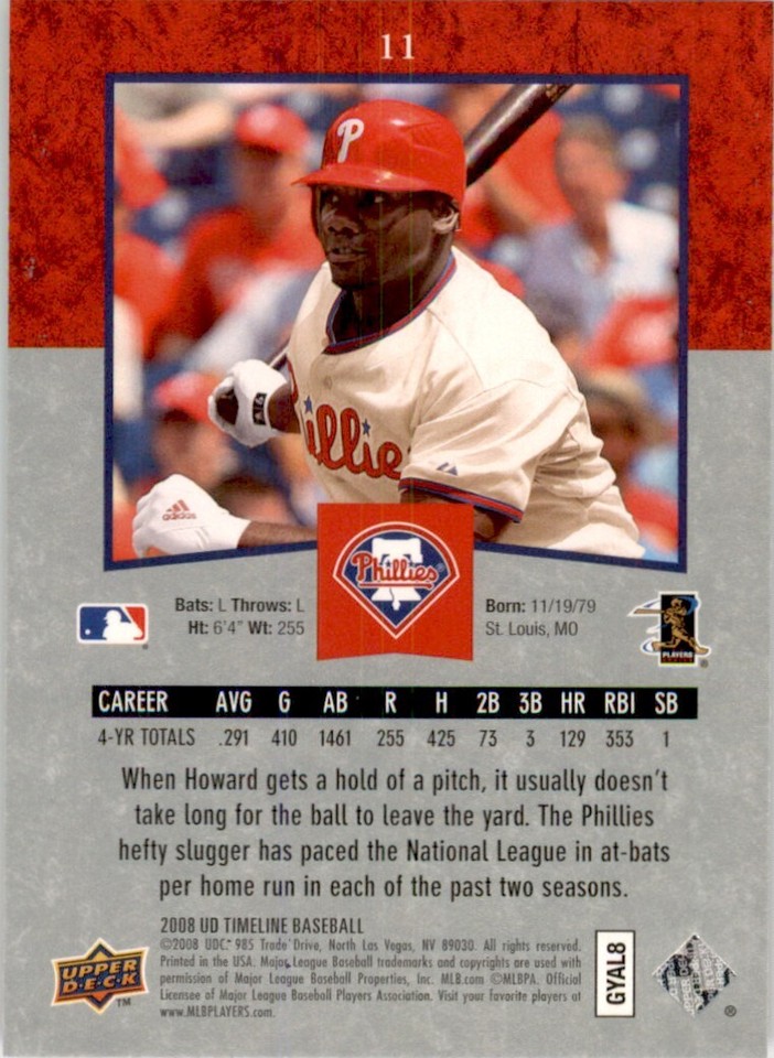 2008 Upper Deck Timeline Ryan Howard Philadelphia Phillies #11 MLB ...