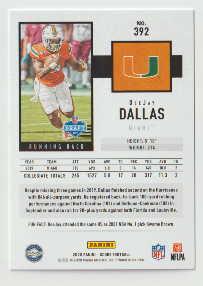 2020 Score Football #392 DeeJay Dallas RC - Miami Hurricanes | eBay