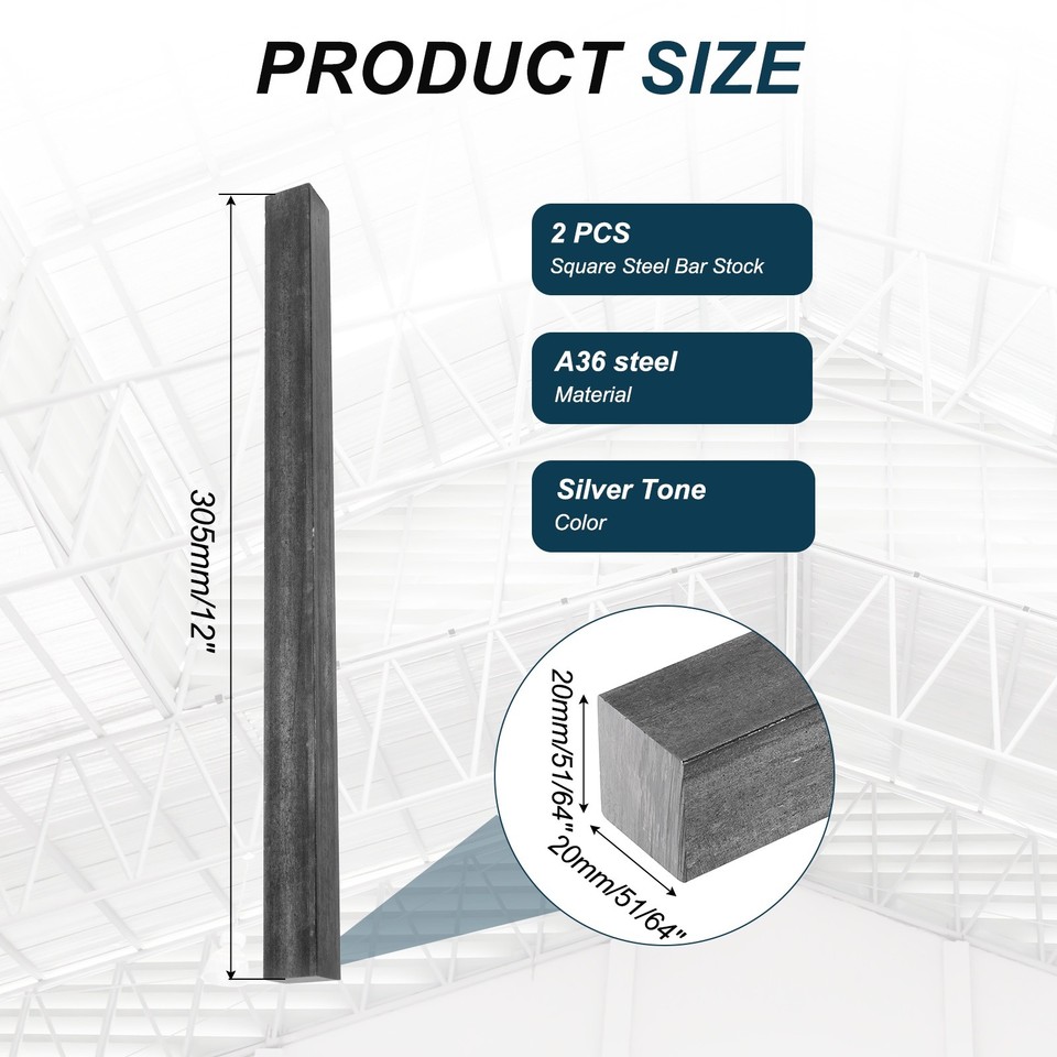 2Pcs Square Steel Bar Stock, 51/64"x51/64"x12" (20mmx20mmx305mm) A36 ...