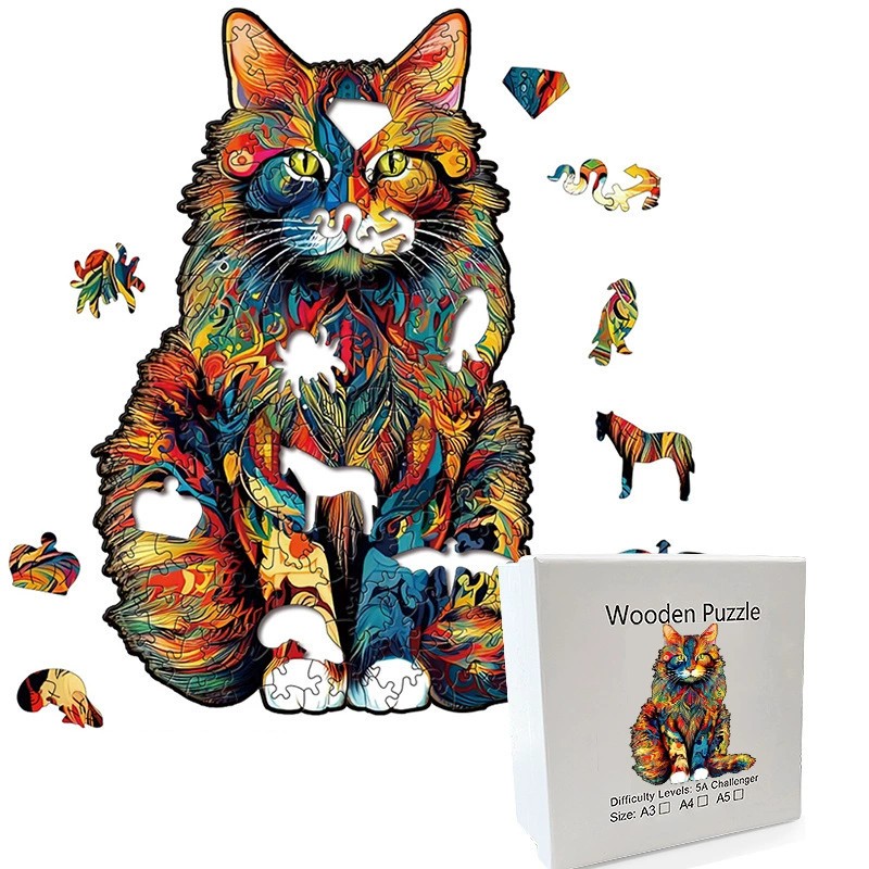 Cute Cat Wooden Jigsaw Puzzles Adults Kids Cat Shape Puzzles Animal ...