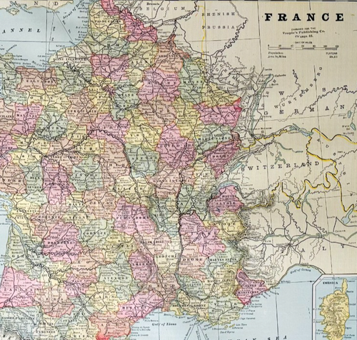 1895 France Map Victorian Europe Geography History Colored Corsica ...