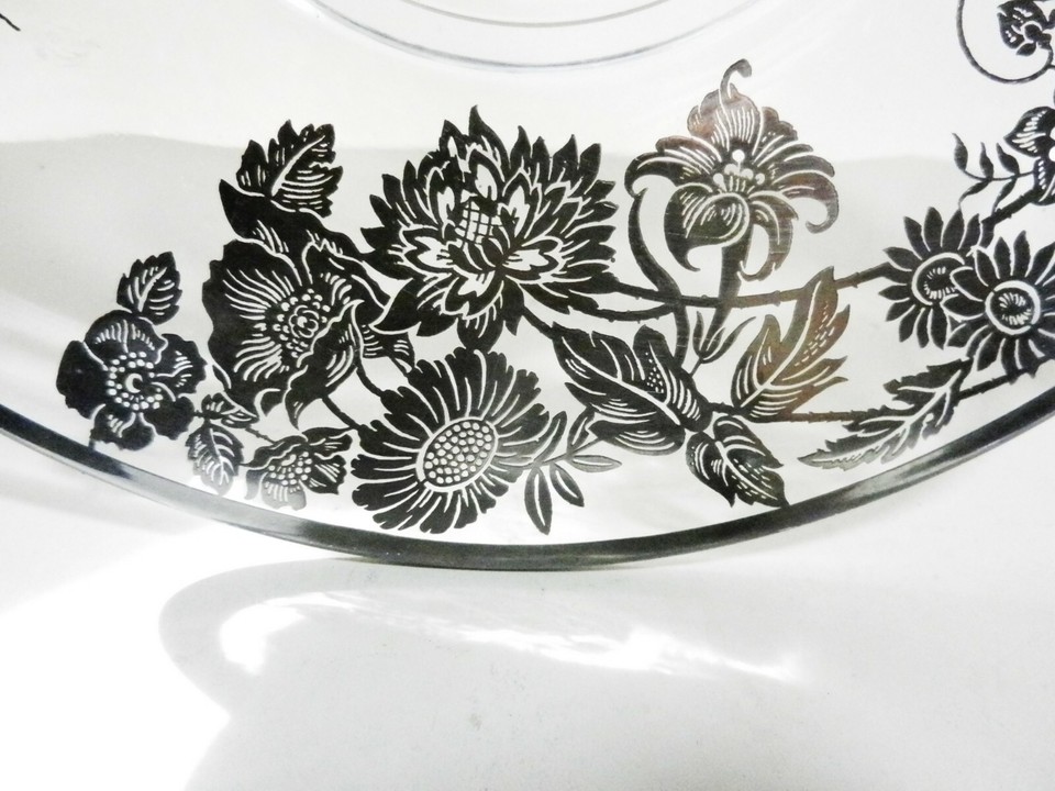 Art Deco Sterling Silver Overlay FLORAL 12" Handled Glass Footed Round ...