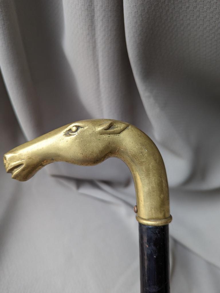 antique BRASS cane HORSE-HEAD handle CANE walking sti… - Gem