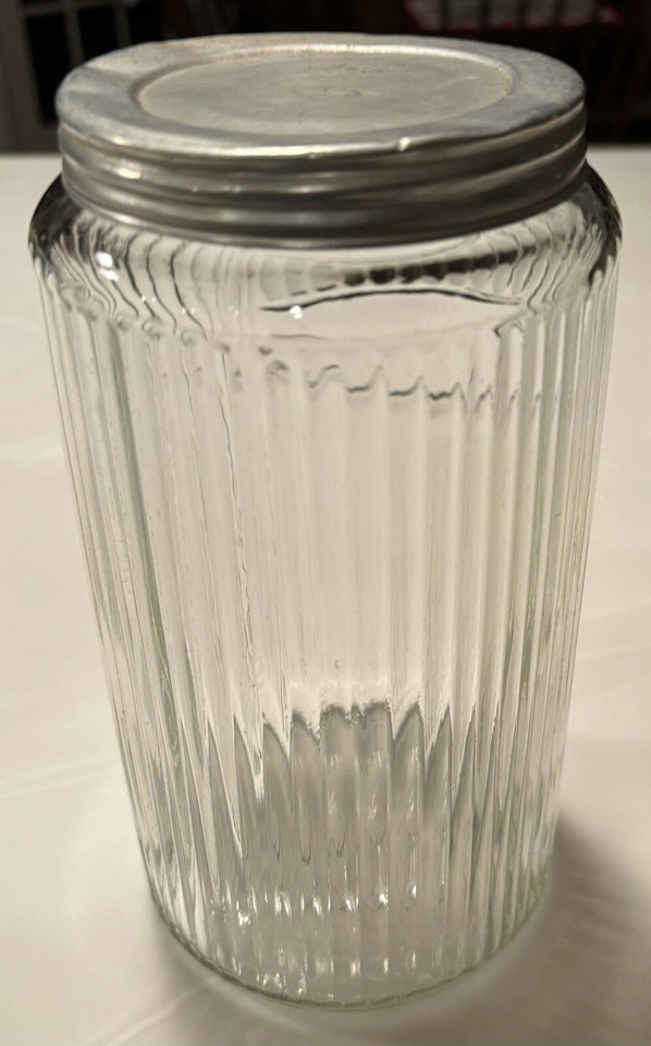 HOOSIER STYLE CABINET Clear Glass Jar Canister Ribbed with Lid 8" | eBay