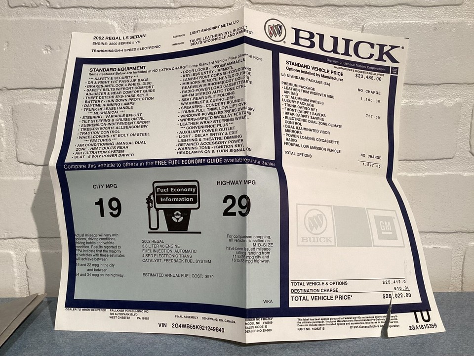 Original GM Monroney Window Stickers Chevrolet Buick Pontiac - Choose ...