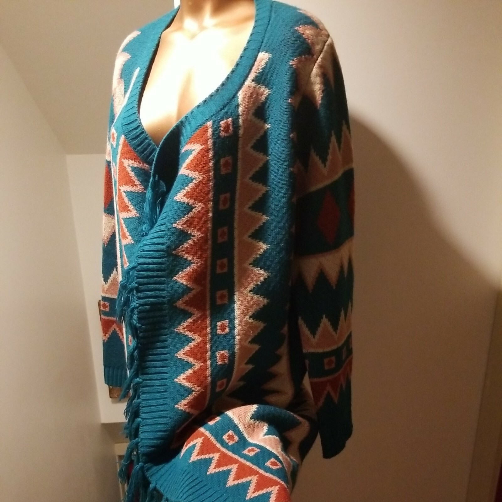 Native design tribal long Fringe cardigan warm Green Sweater Sweeper ...