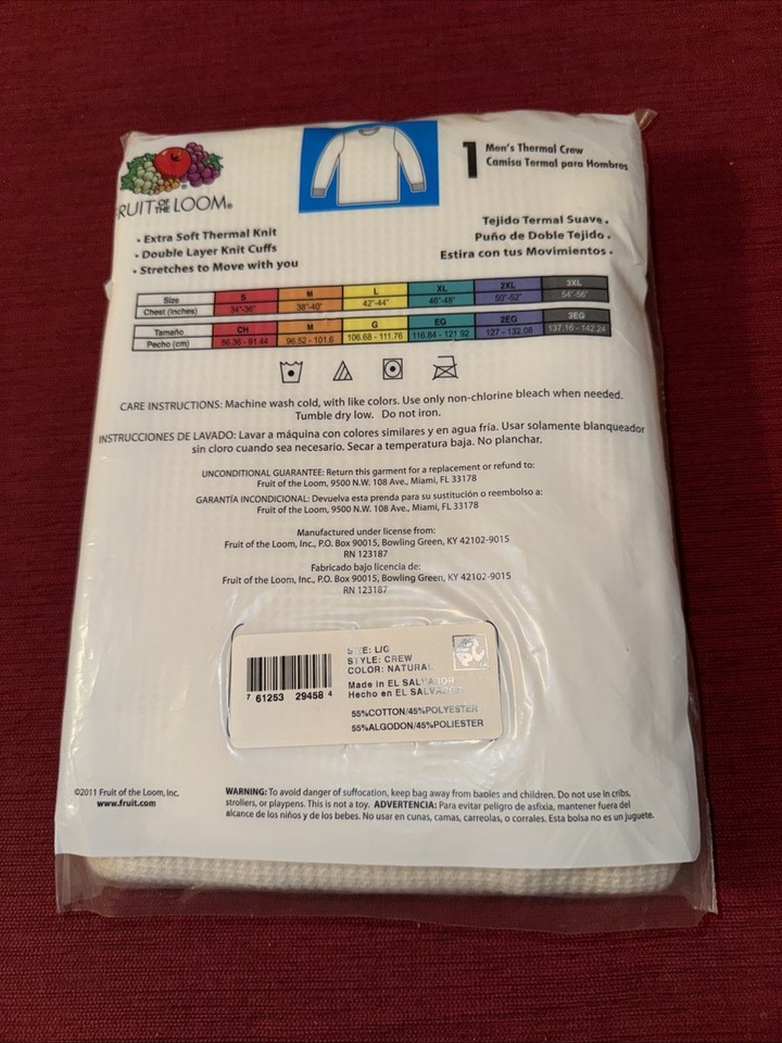 Fruit of the Loom Thermal Crew Sweater Size M, Natural, Long Sleeve ...