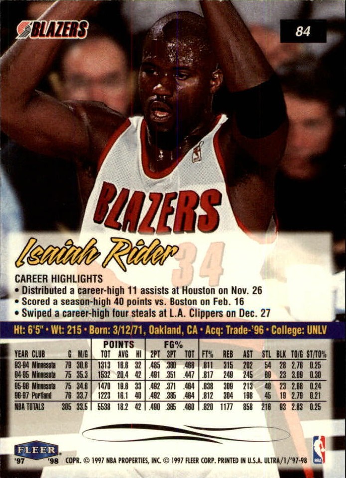 1997-98 Ultra Portland Trail Blazers Basketball Card #84 Isaiah Rider ...