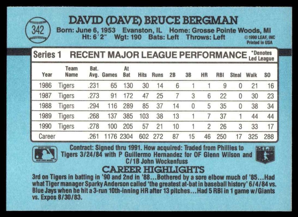 1991 Donruss Baseball Card Dave Bergman Detroit Tigers #342 | eBay