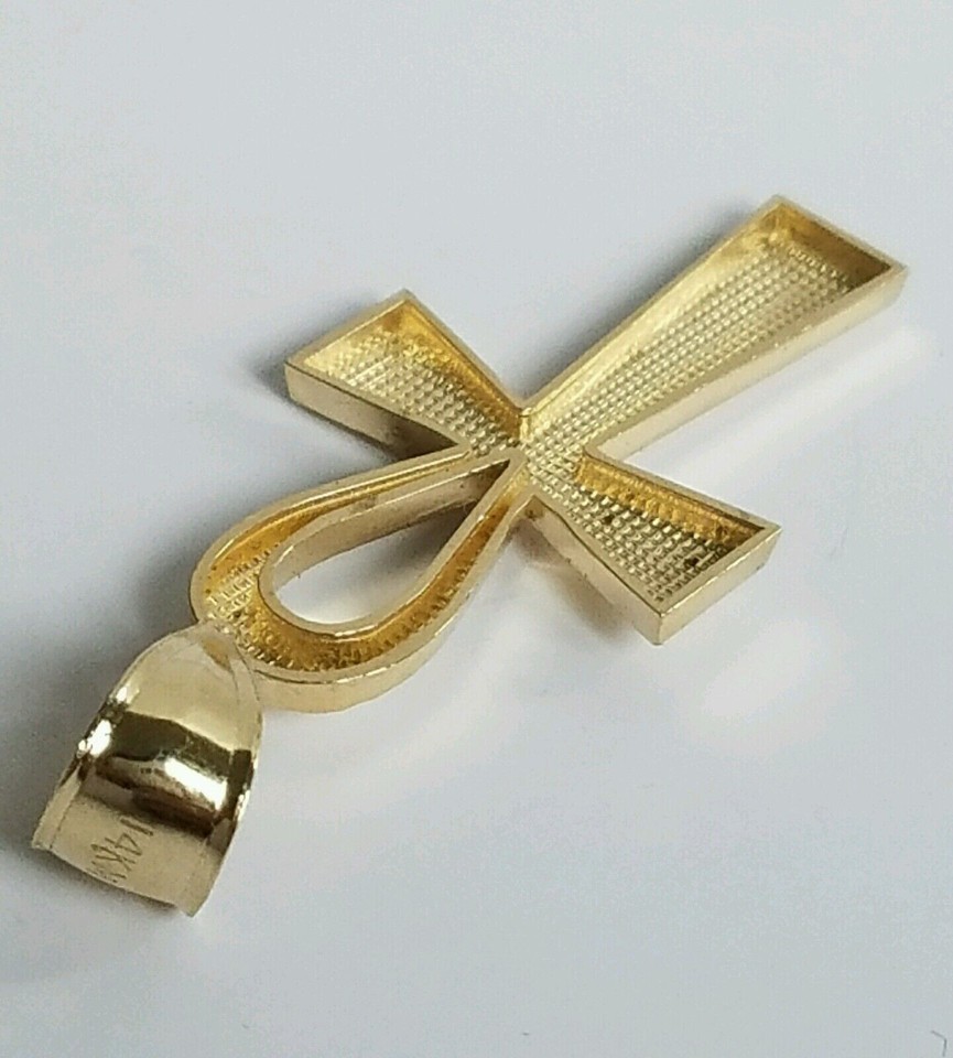 Real 14k Yellow Gold Ankh charm pendant 1.75 Inch Diamond Cuts Charm ...