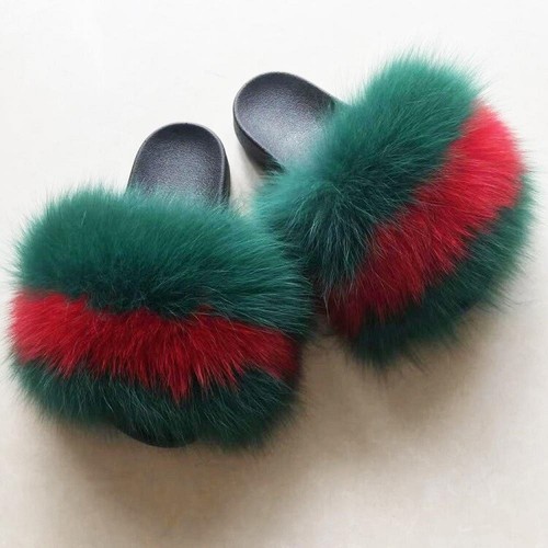 Red/Green Women's Real Fox Fur Slides Furry Slippers Summer Beach ...