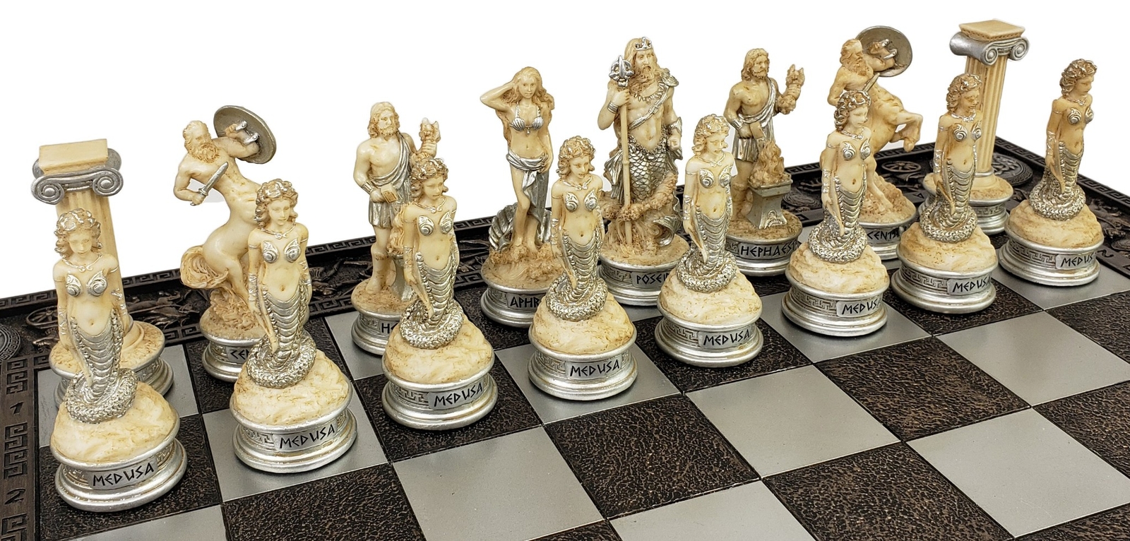 Greek Mythology Olympus Gods Chess Set Antique White & Gold W 17" Greek ...