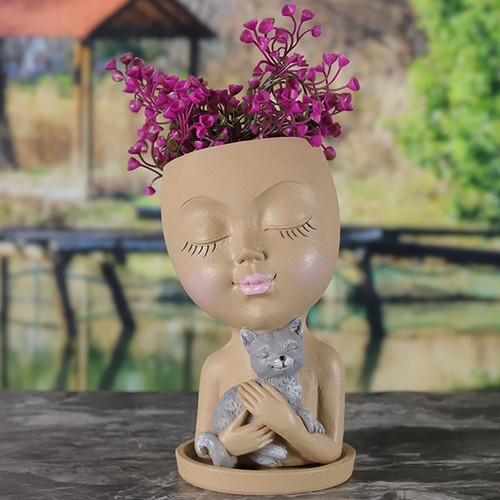 Flower Pot Girl Hug Cat Shape Diy Flower Sculpture Plant Pot Fine ...