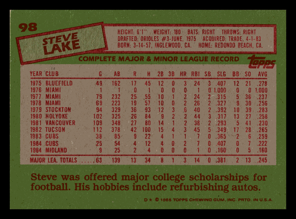1985 Topps Steve Lake Chicago Cubs #98 Near Mint NM | eBay