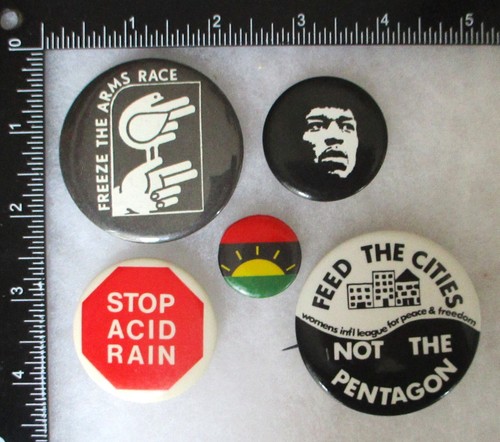5 1960s 70s PROTEST BUTTON PINS Freeze Arms Race, Stop Acid Rain, Jimi ...