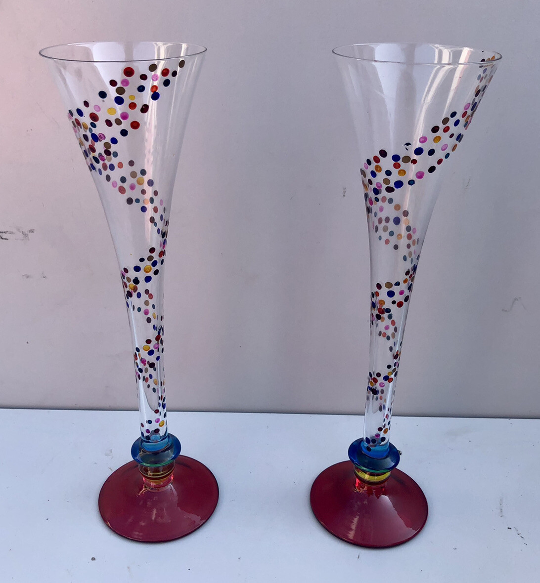 PAIR Pier 1 CONFETTI 11” Champagne Flute Holiday Toasting Glasses Hand ...