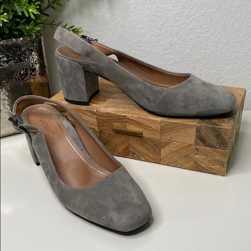 Vionic Nareen Gray Suede Slingback Wrapped Heels Squared Round Toe Size ...