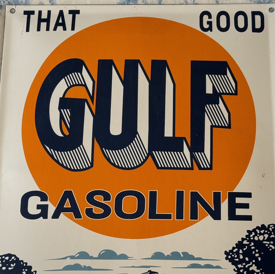 THAT GOOD GULF GASOLINE Porcelain Gas Station Domed Sign 13" x 16" 2 ...