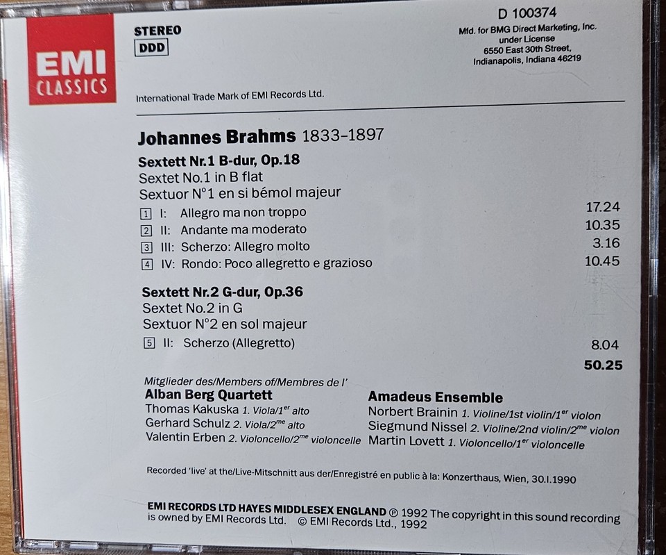 Brahms: String Sextet No. 1, etc (EMI D 100374 Music Club) Alban Berg Quartett | eBay