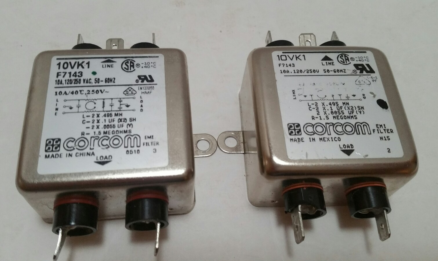 Lot of 2 CORCOM 10VK1 RFI POWER LINE FILTER, 10A, 1mA 120/250VAC 50 ...