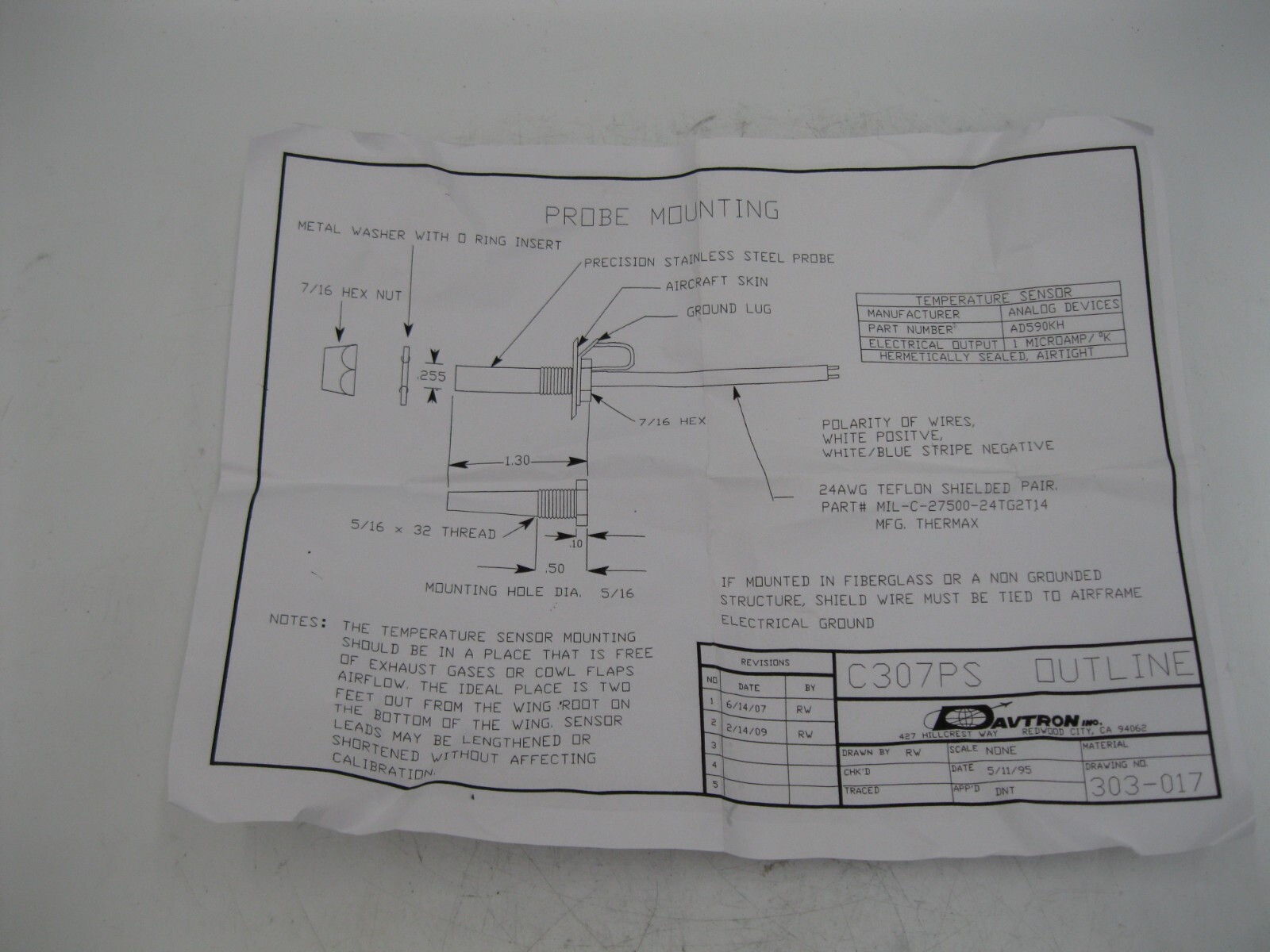 Garmin GAD 13 8130 Davtron Temp Probe C307PS PN: 010-02203-00 (FOR G5 ...