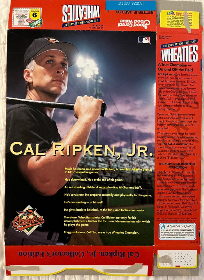 1995 Cal Ripken Jr. "2131 Consecutive Games" Wheaties Box Baltimore ...
