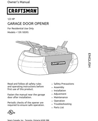 Craftsman 139.18595 Garage Door Opener User Manual FREE SHIPPING | eBay
