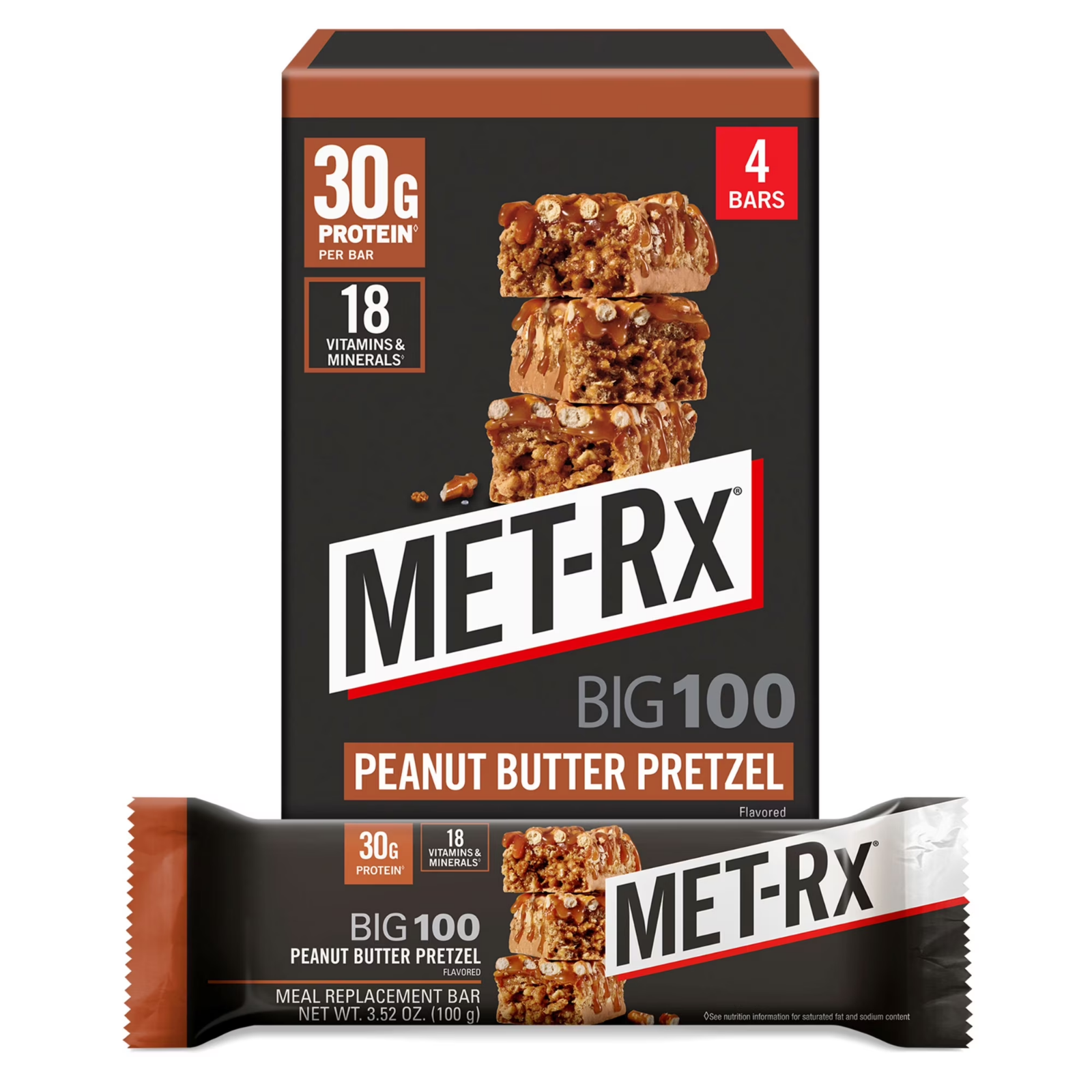 30g Protein, 12 Ct, MET-Rx Big 100 Protein Bar, Peanut Butter Pretzel ...