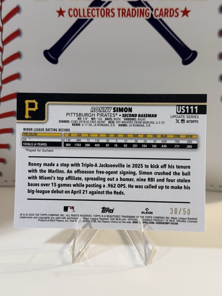 2025 Topps Update Ronny Simon #US111 RC Pittsburgh Pirates Canvas /50 ...