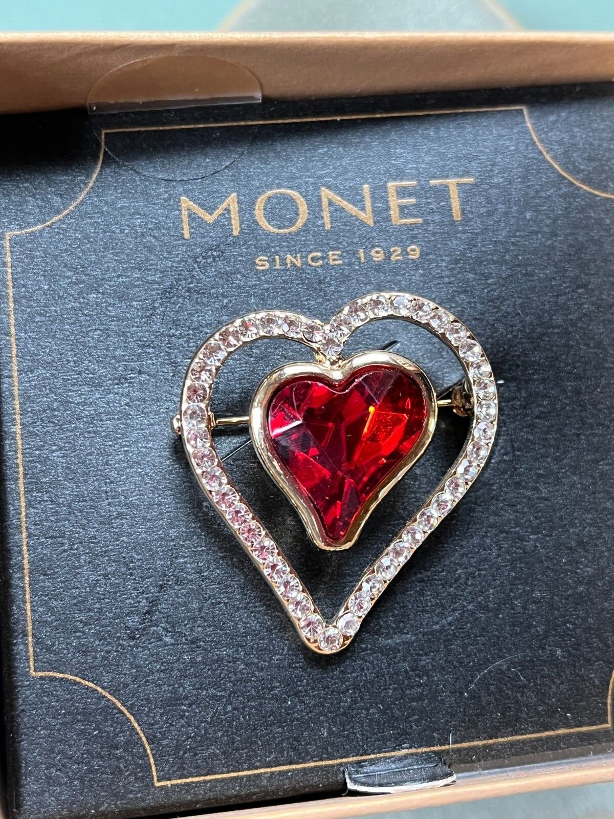 Estate Monet Goldtone w Jelly Red Heart Shaped Cab & … - Gem