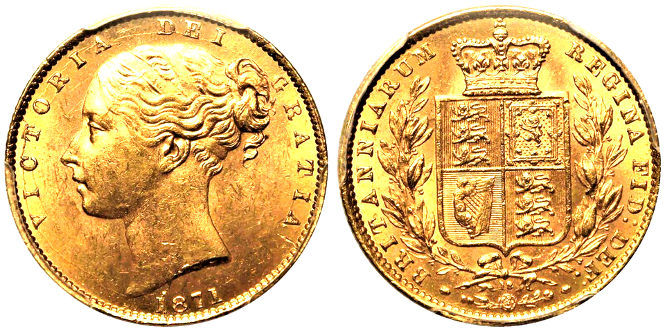 Great Britain 1871 PCGS MS 61 grade Gold Sovereign Coin. Queen Victoria ...