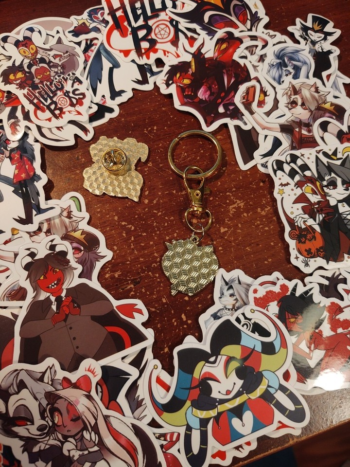 Stryker Helluva Boss Enamel Keychain, Blitzo & Stolas Pin + 10 Stickers ...