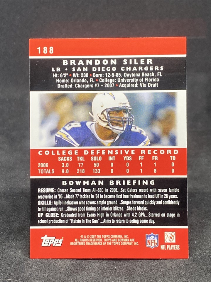 BRANDON SILER 2007 Bowman Football Rookie RC #188 CHARGERS | eBay