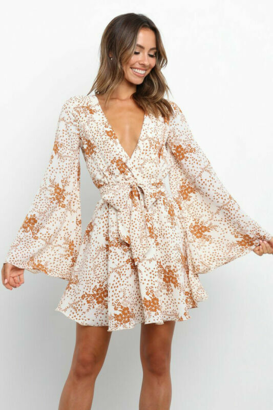 Sexy Women Boho Floral V Neck Wrap Mini Dress Holiday Beach Long Sleeve ...