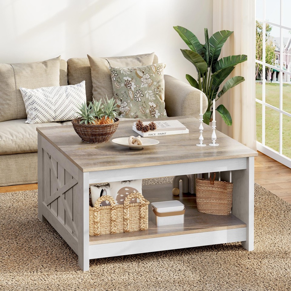 Square Coffee Table with 2-Tier Storage Farmhouse Cocktail Table for ...