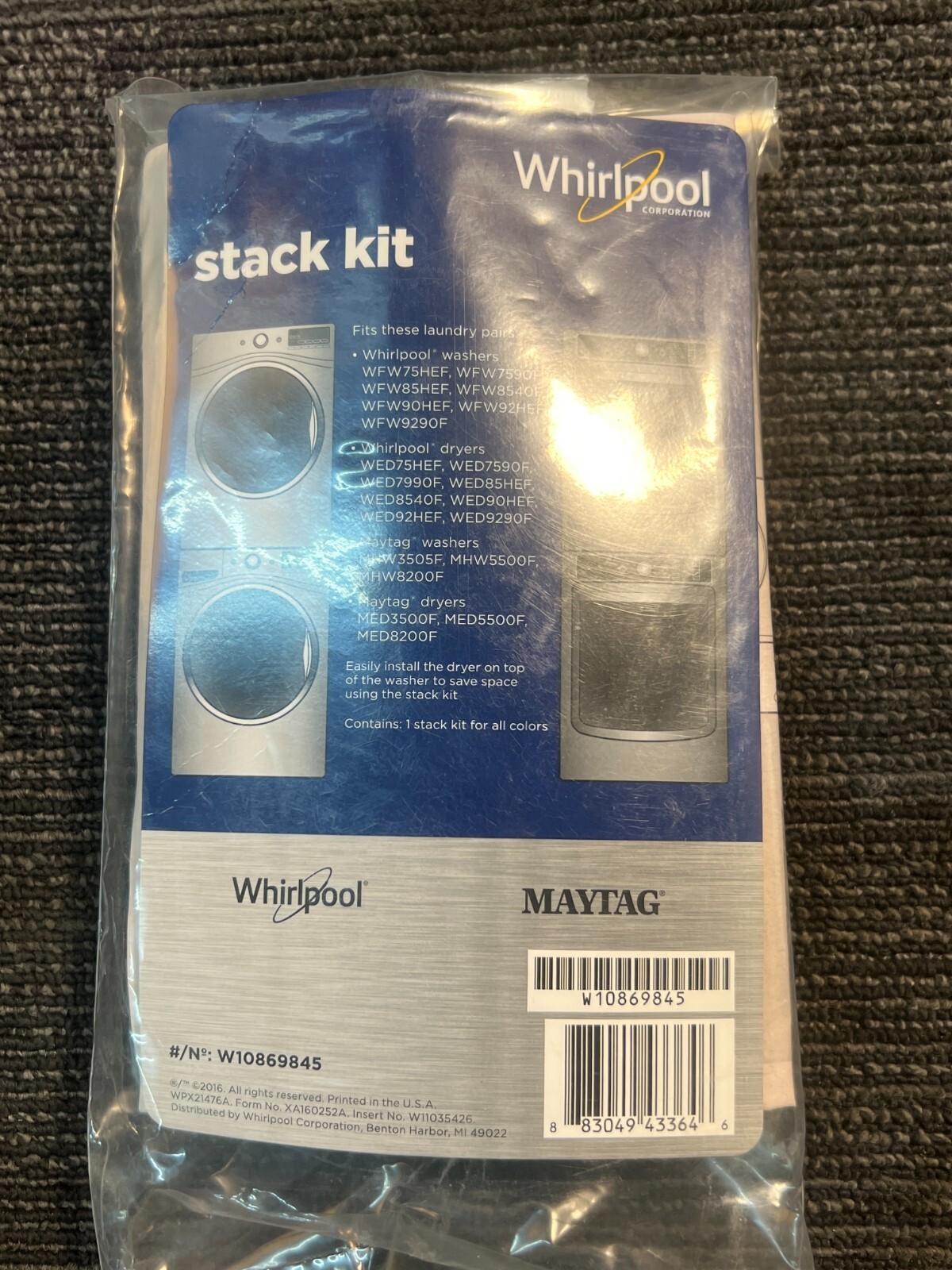 Whirlpool GENUINE Stack Kit W10869845 for Use w/Only Front-Load Washer ...