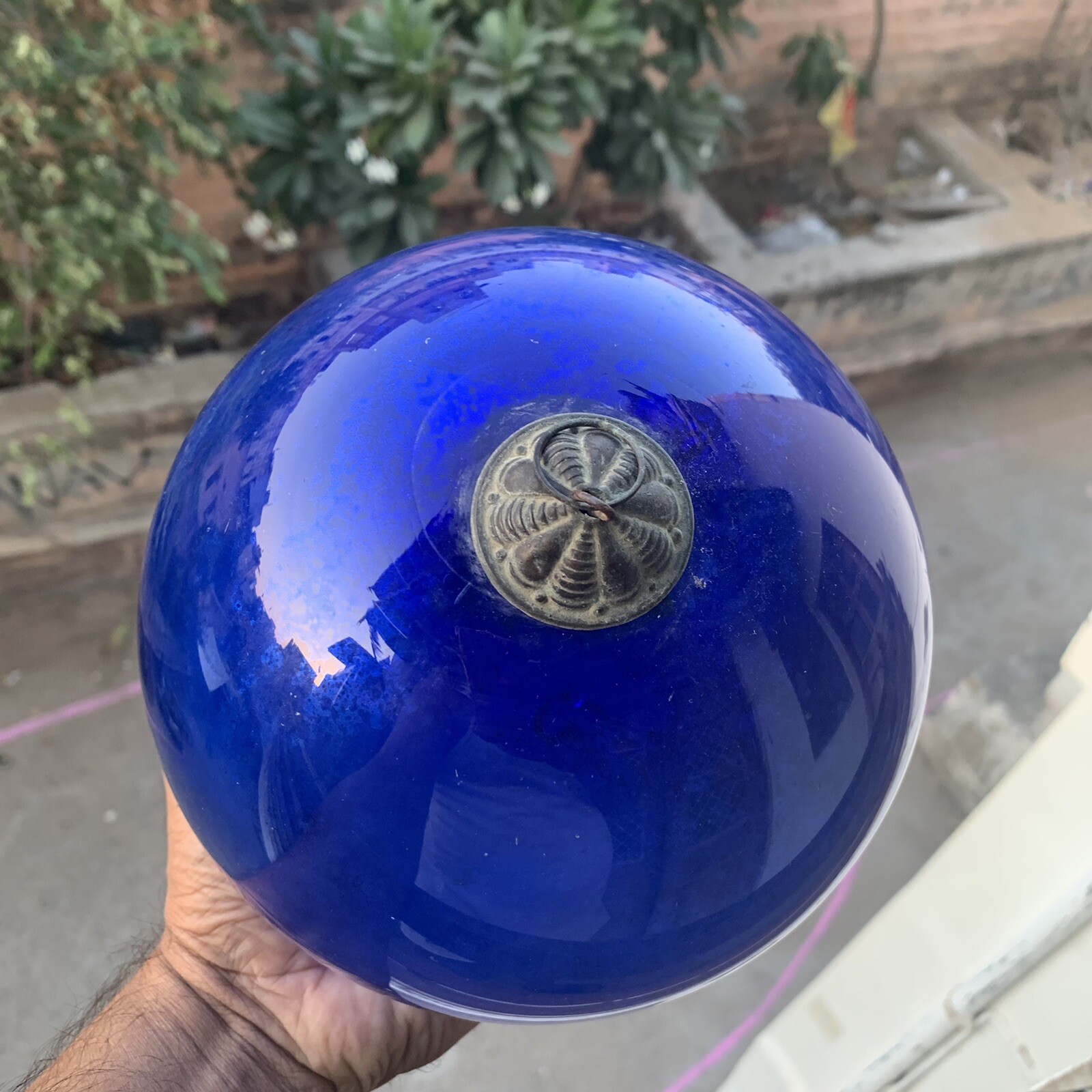 Old antique German semi transparent Blue Heavy Glass Big kugel brass ...