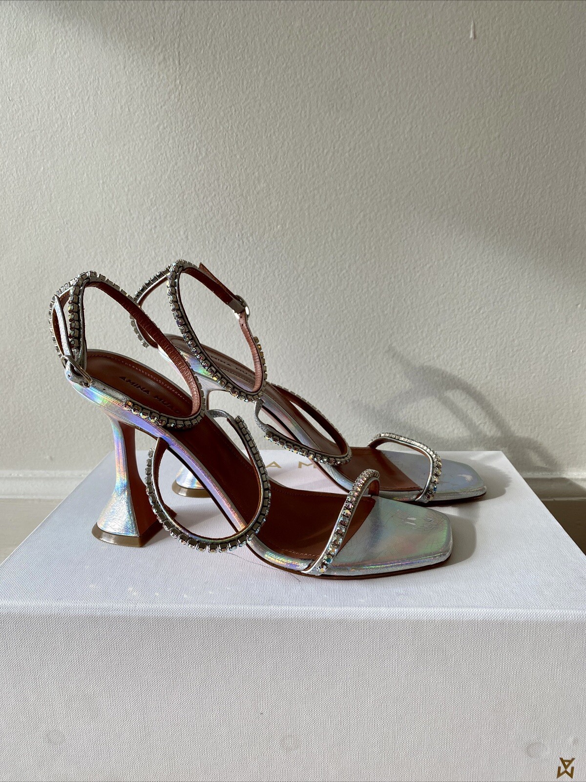 Amina Muaddi Gilda Mermaid Silver Crystal Sandal Heel… - Gem