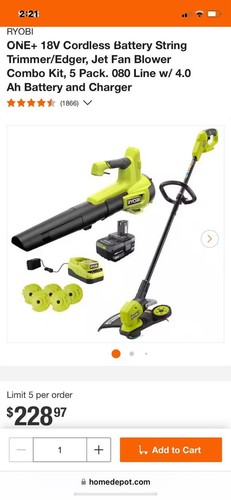 NEW RYOBI 18V Cordless String Trimmer/Edger&Blower Combo with Battery ...
